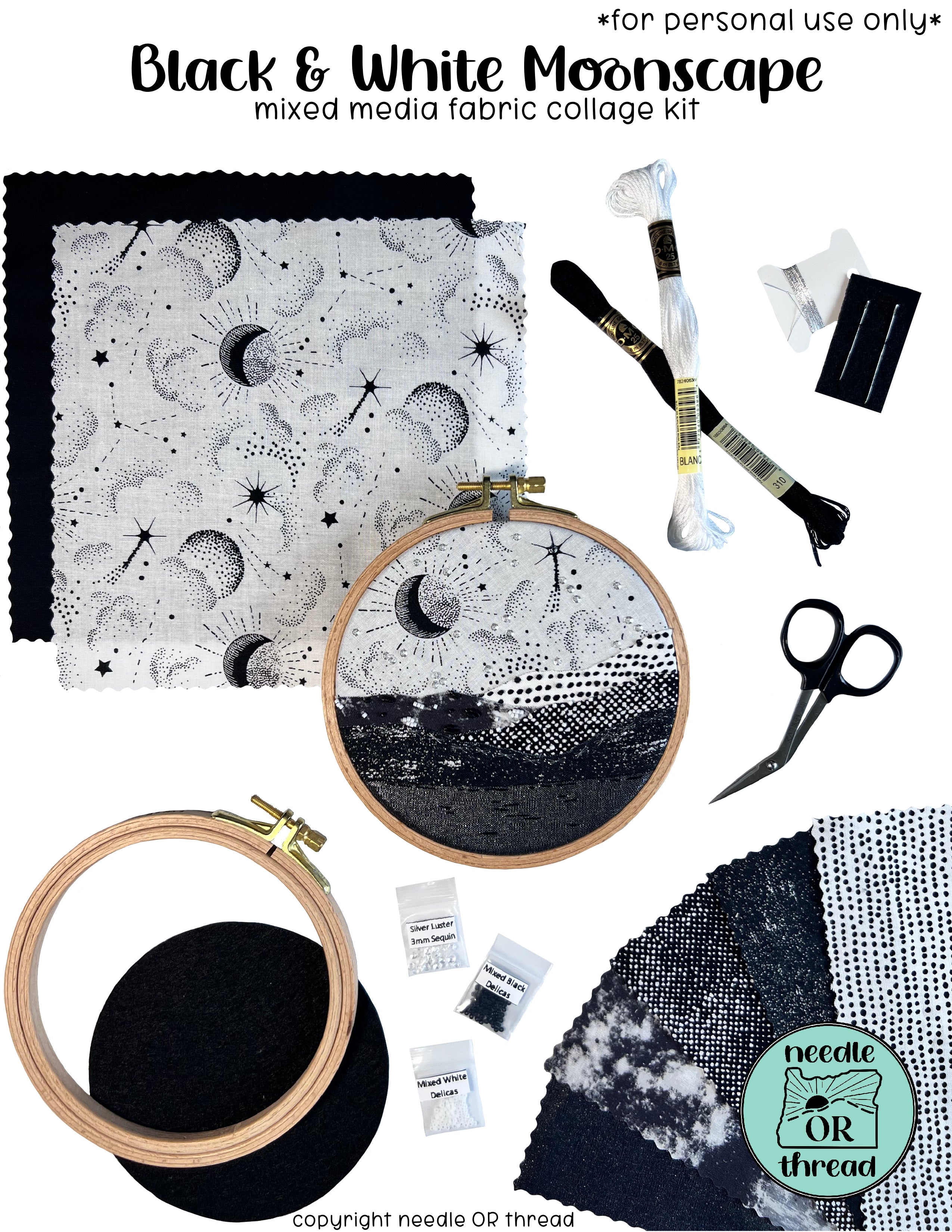 Black & White Moonscape Fabric Collage Kit – Needle OR Thread